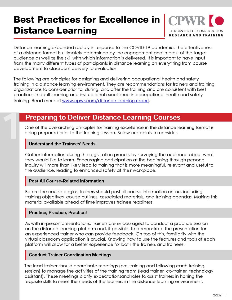 CPWR Best Practices for Distance Learning